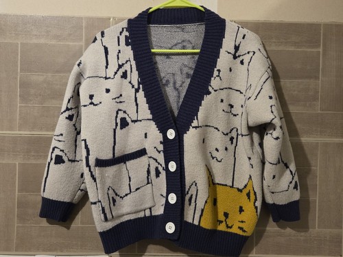 Cat Cardigan Womens Sweater Blue White Button Up Rare Kitten Size ...