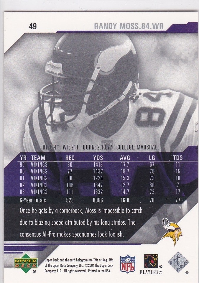 RANDY MOSS AUTO Sigs Upper Deck Football Card MINNESOTA VIKINGS NFL ...