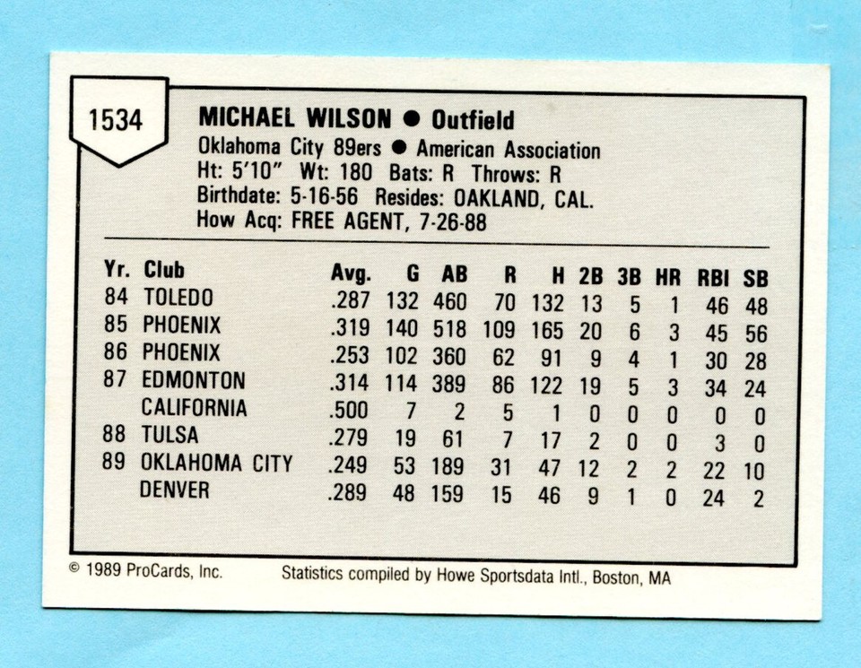 1989 ProCards Minor League -Oklahoma City 89ers - Tack Wilson- Box 202 ...