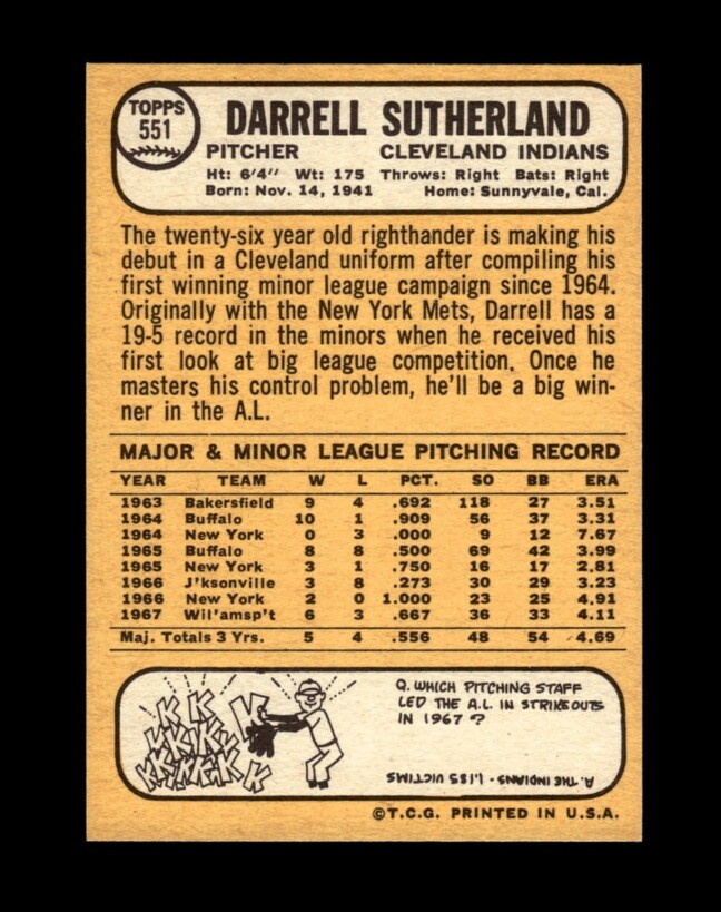 1968 Topps Set-Break #551 Darrell Sutherland NM-MT OR BETTER *GMCARDS ...