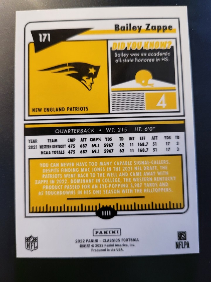 2022 Classics CHROME Bailey Zappe RC card #171 | eBay