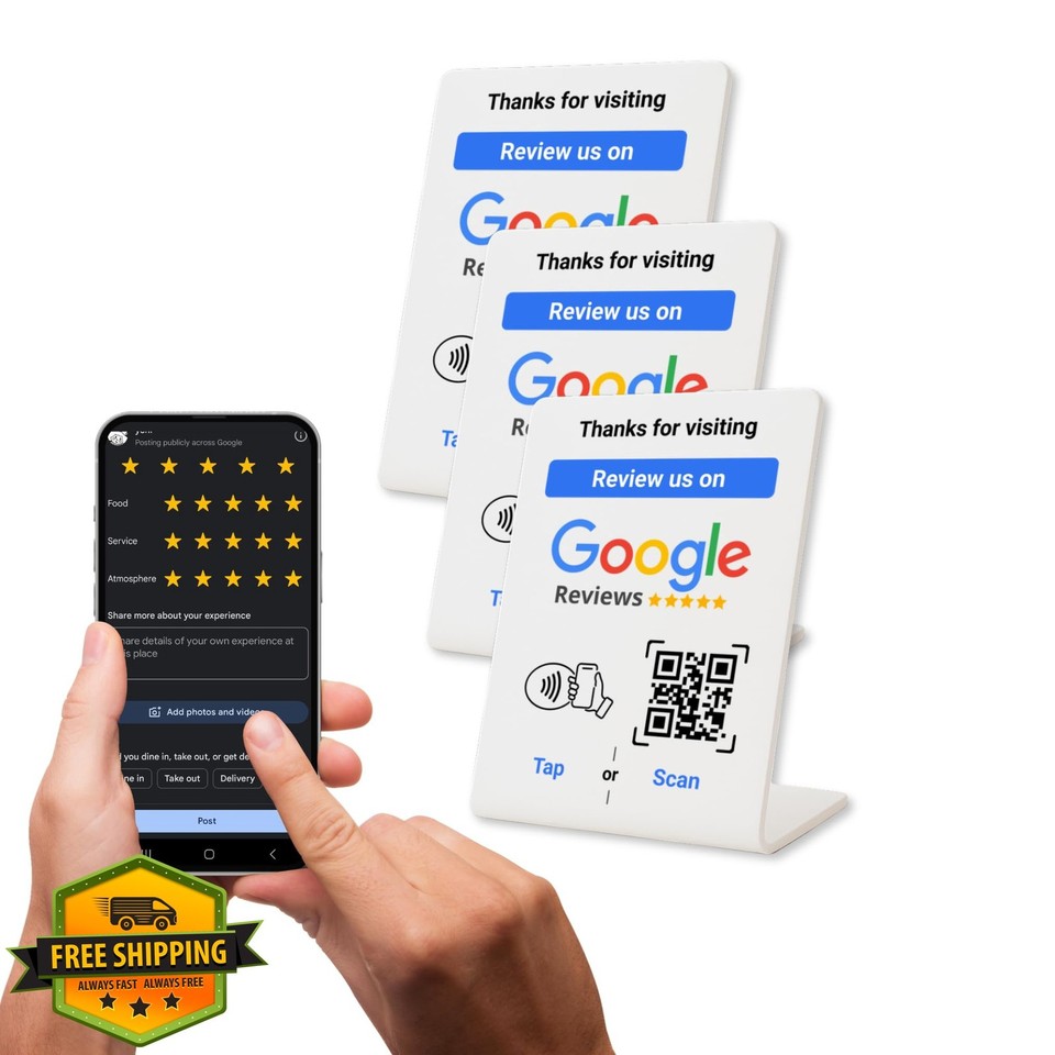 NFC Tap Google Review Stand White 3-Pack QR Code Scan | eBay