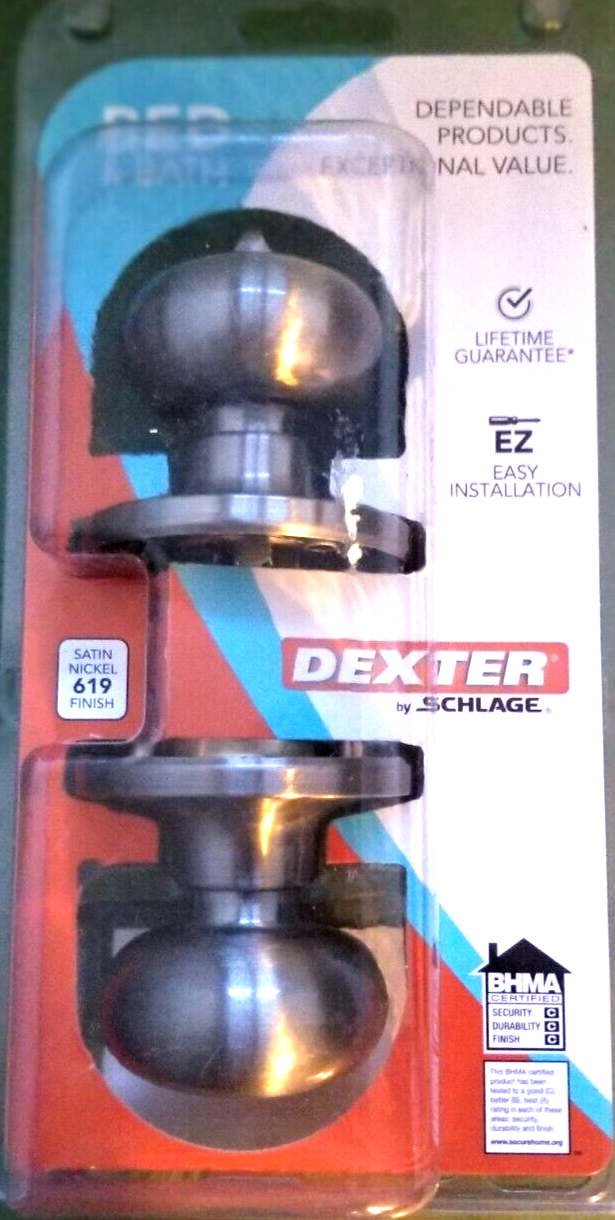 Dexter Door Knob Set by Schlage, Satin Nickel 619 Finish for Bed room ...