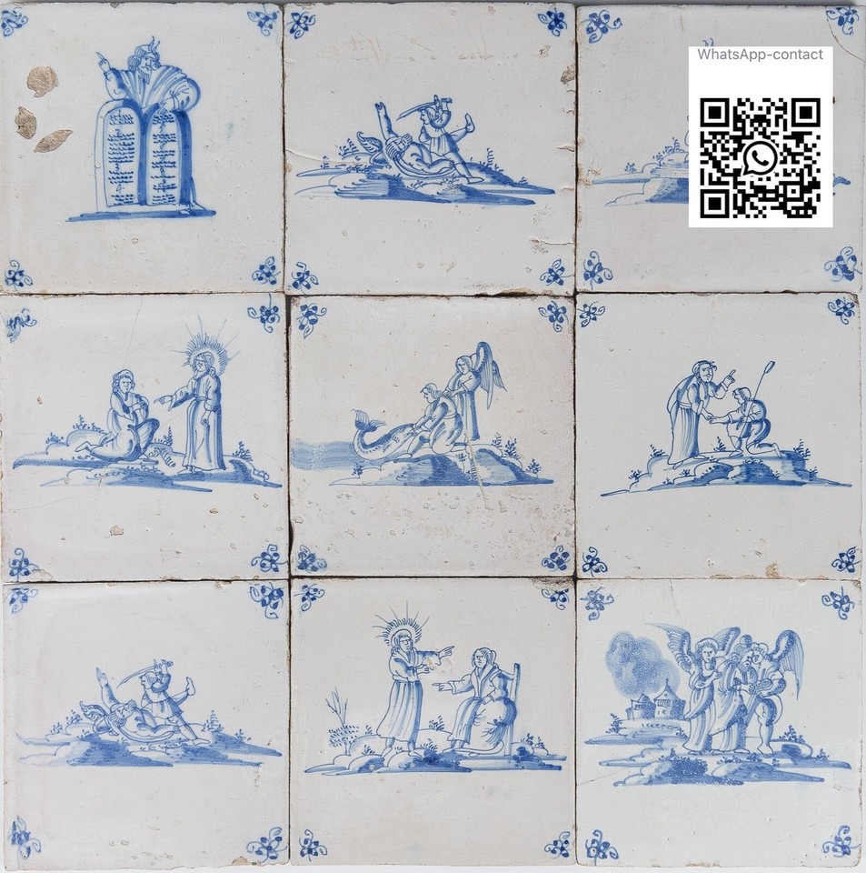 Nice set of 9 Dutch Delft Blue fine painted tiles, biblical, 18th ...