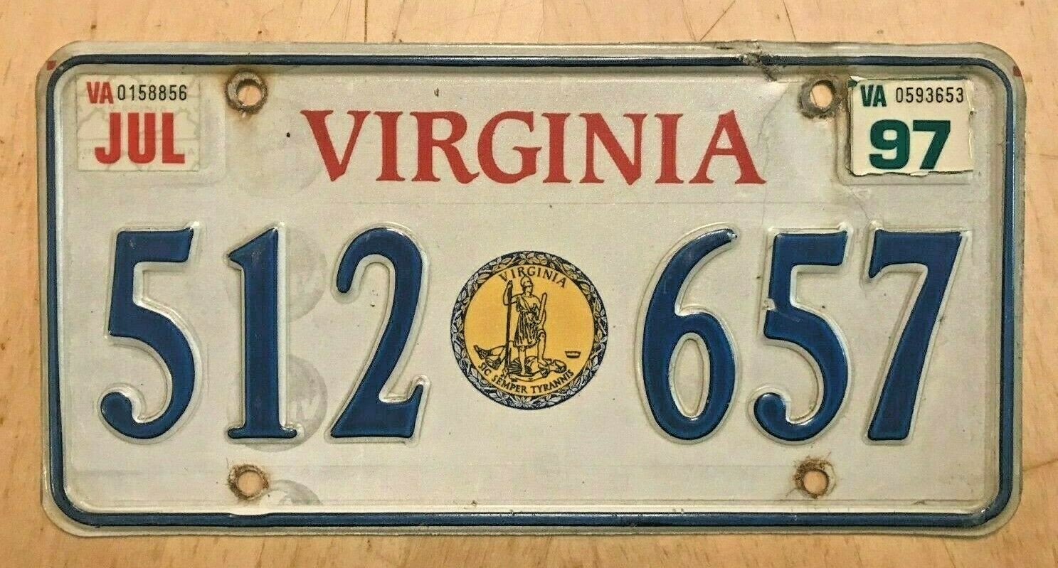 1997 VIRGINIA GREAT SEAL GRAPHIC AUTO PASSENGER LICENSE PLATE " 512 657 ...