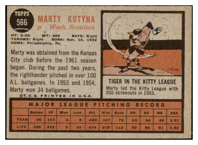 1962 TOPPS #566 MARTY KUTYNA SENATORS EX-MT SET BREAK 485982 (KYCARDS ...