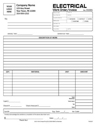 Electrical Work Order Invoice / Customized / 8.5 x 11 / 2 or 3 Part ...