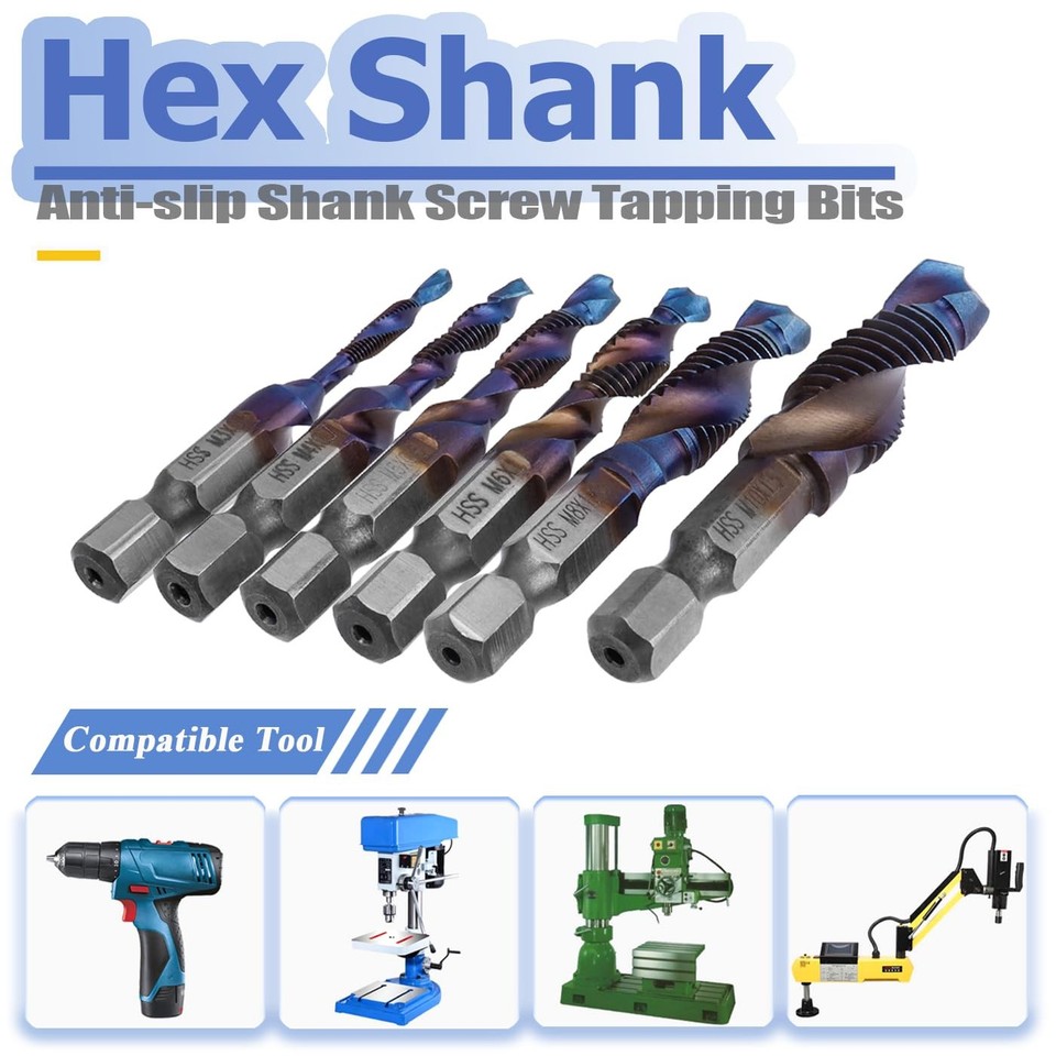 6 HSS M3 - M10 Drill & Taps Bits Hex Shank Blue Spiral Tapping ...