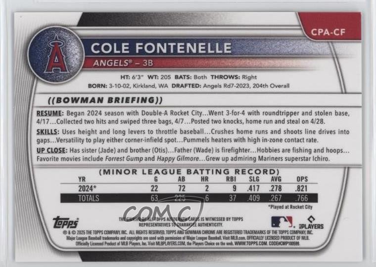 2025 Bowman Chrome Prospect HTA Choice Refractor 6/150 Cole Fontenelle ...