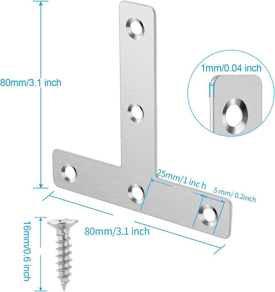12 Pieces Stainless Steel T Brackets Corner Braces Corner Brackets ...
