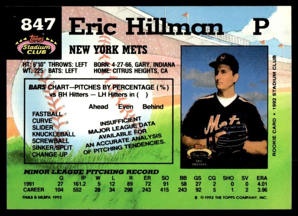 1992 Stadium Club #847 Eric Hillman Rookie New York Mets | eBay