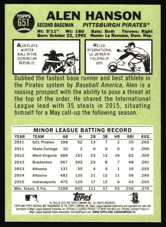 2016 Topps Heritage Alen Hanson Rookie #651 Pittsburgh Pirates | eBay