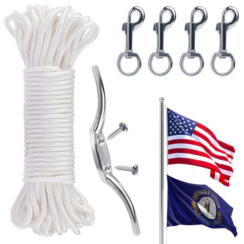 Flag Rope and Clips Kit - 100Ft Flag Pole Rope Halyard with Cleat Hook ...