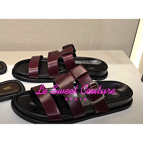 ZARA WOMAN NWT SS25 FLAT SANDALS WITH LEATHER STRAPS BURGUNDY RED 1637 ...
