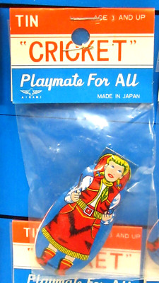 1950's tin 2.5" long COWGIRL cricket clicker toy Japan by Aigami MINT ...