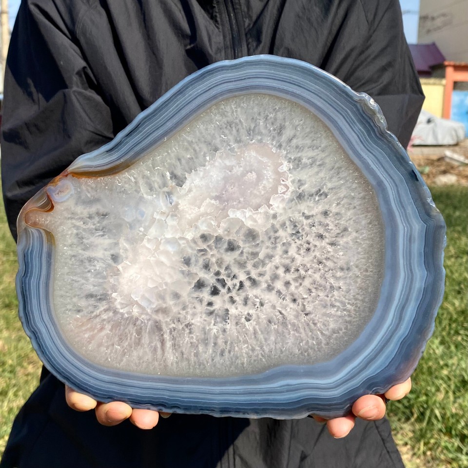 2.6LB Natural agate striped slice quartz crystal hand-cut raw mineral ...