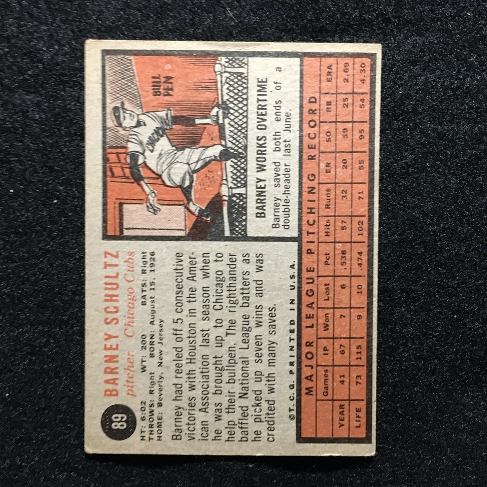 1962 TOPPS BASEBALL CARD CHICAGO CUBS BARNEY SCHULTZ #89 PITCHER DOUBLE ...