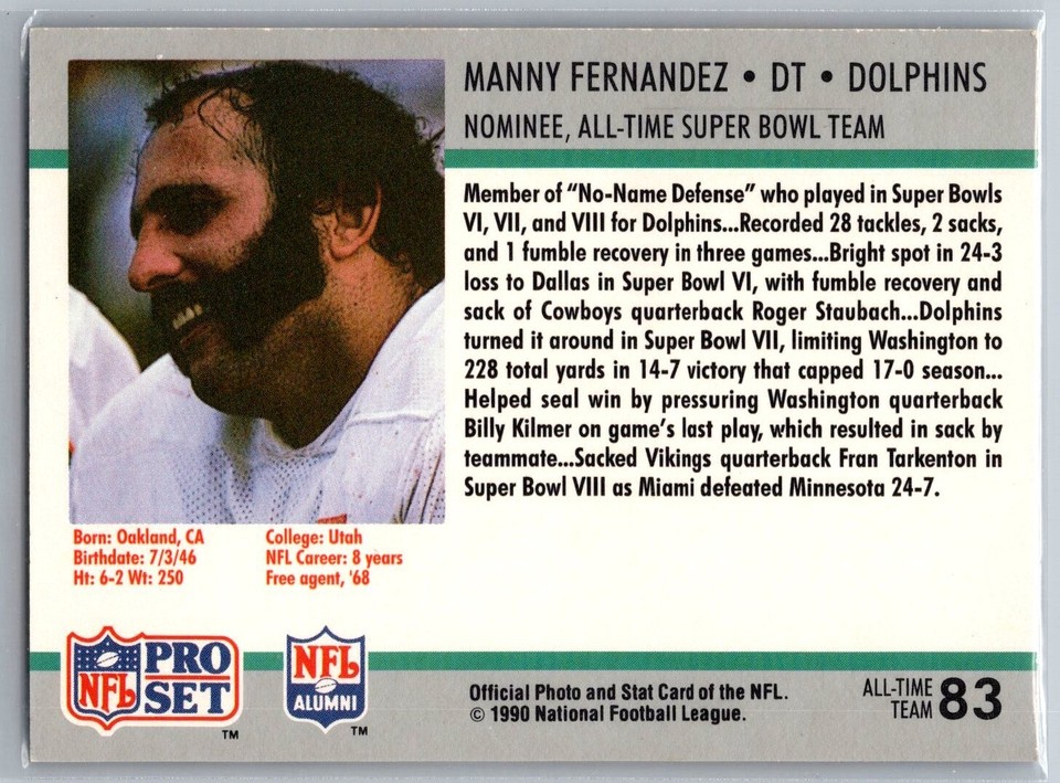 1990 NFL Pro Set Super Bowl XXV Silver Anniversary #83 Manny Fernandez ...