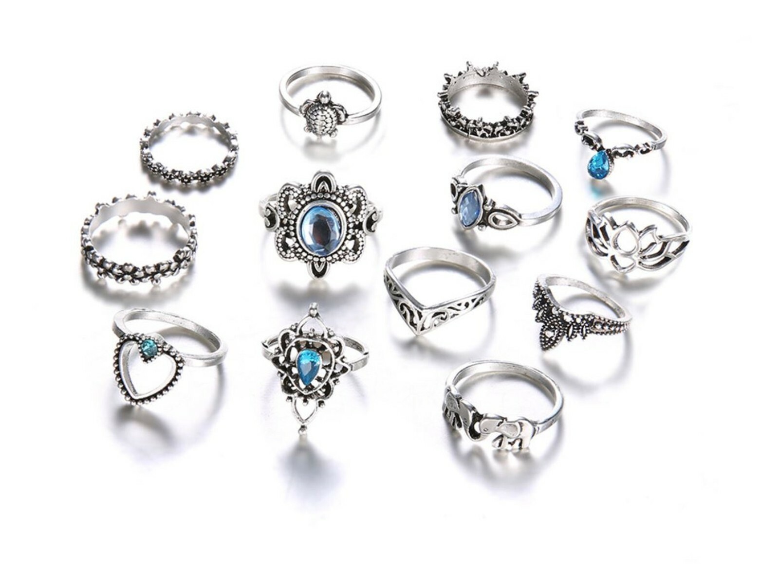 Women 13pc BOHO Silver color Boho Joint knuckle stacking Finger tip ...