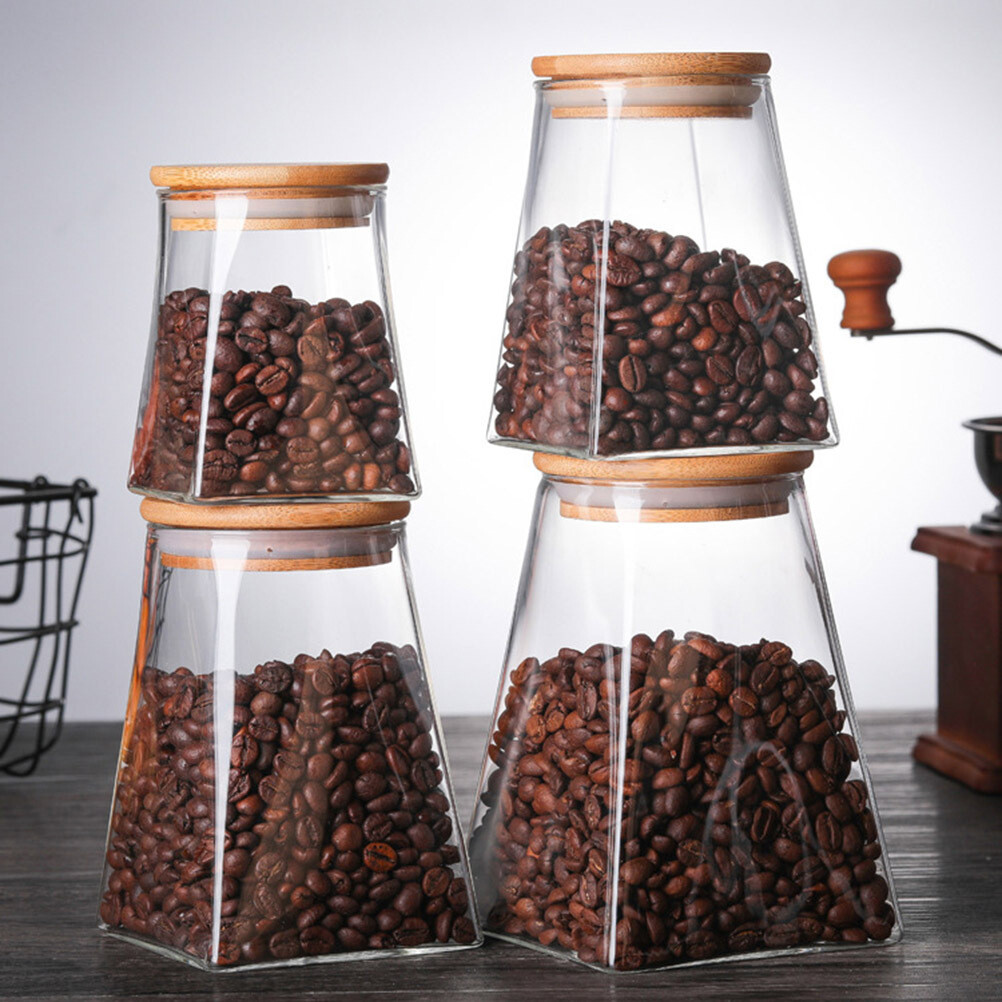 500ML Glass Sealed Storage Can Square Glass Storage Tank with Wooden ...