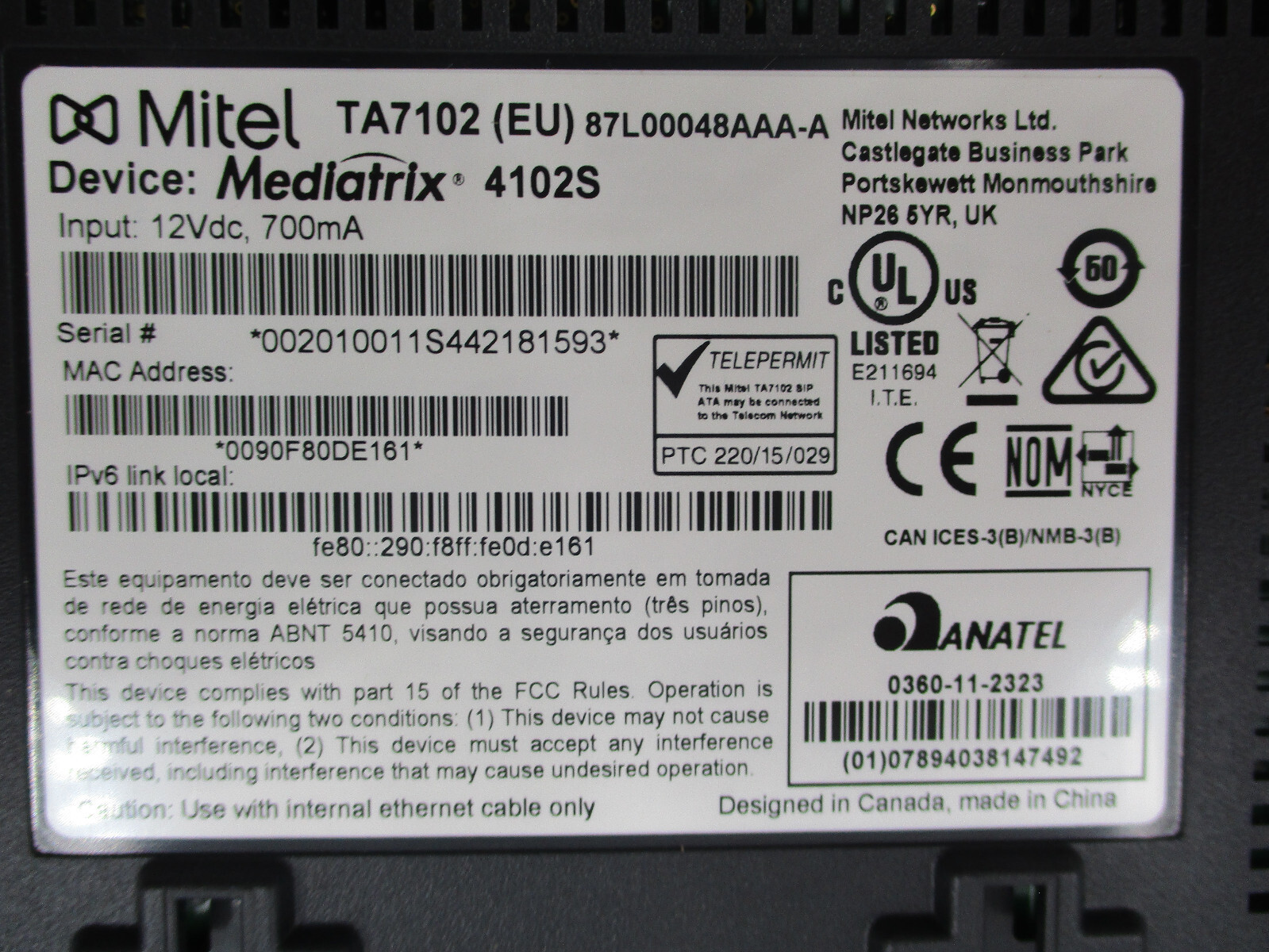 Mitel Mediatrix TA7102 Terminal Adapter with 2 Analog Ports P/N ...