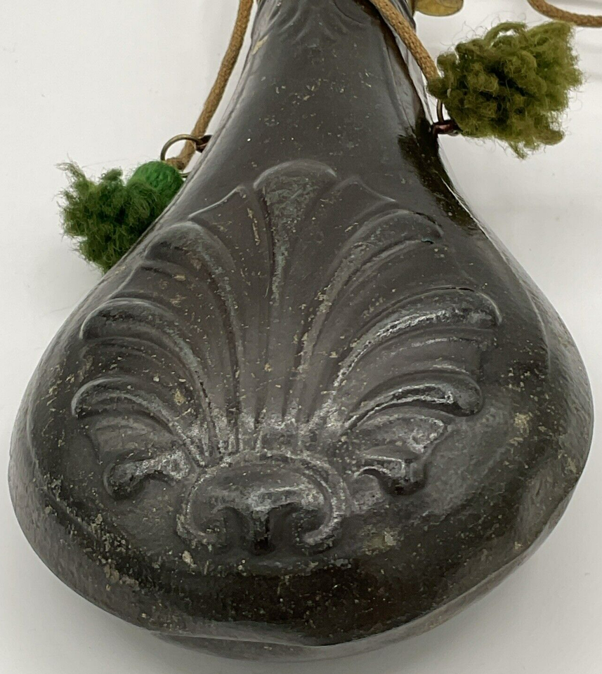 Embossed Metal Gun Black Powder Horn Flask Scallop Design Tassels Lever ...