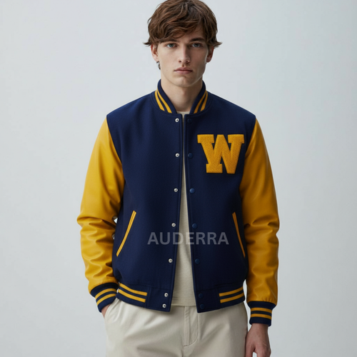 Scream Woodsboro Navy Blue Wool & Yellow Leather Letterman Men's ...
