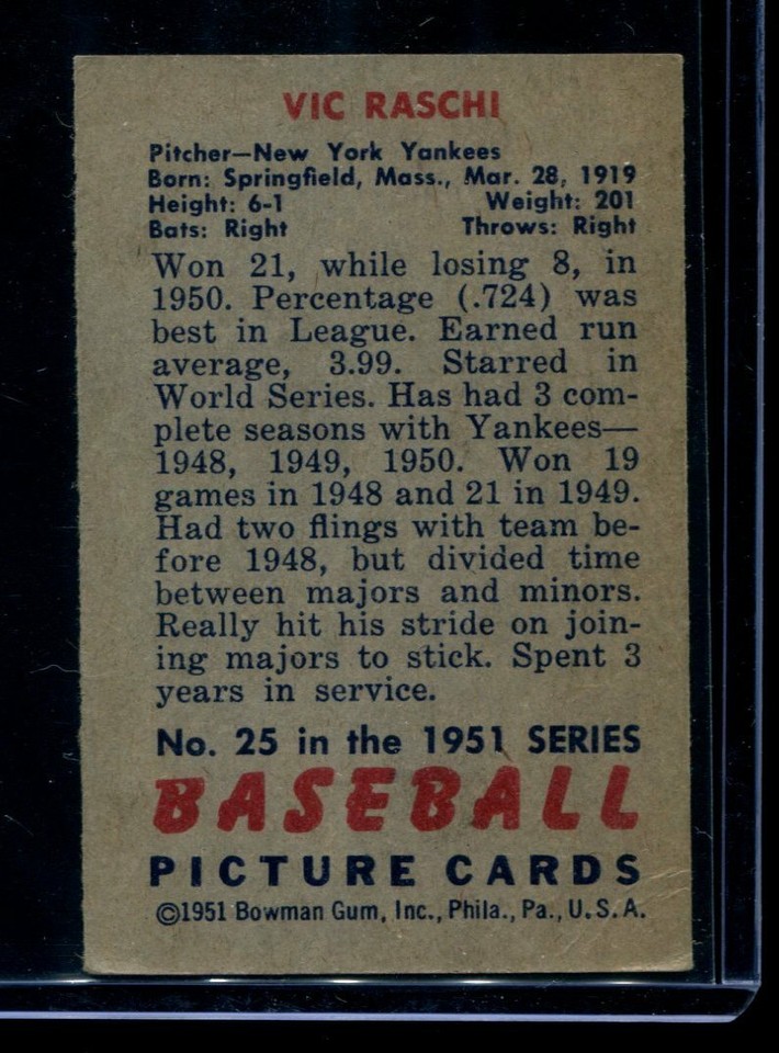 1951 Bowman #25 Vic Raschi Lt. Back Wrinkle VG LOOK! | eBay
