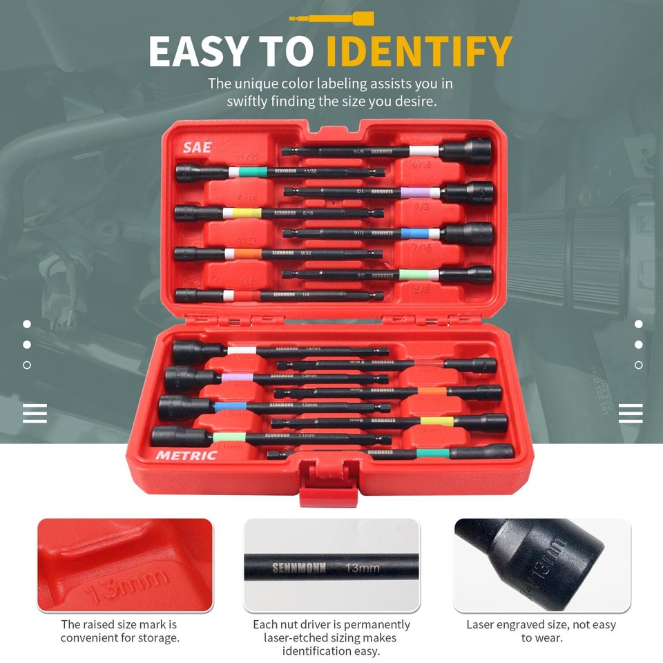 Magnetic Nut Driver Set 16PCS Long Nut Driver Set 6 Inches SAE & Metric ...