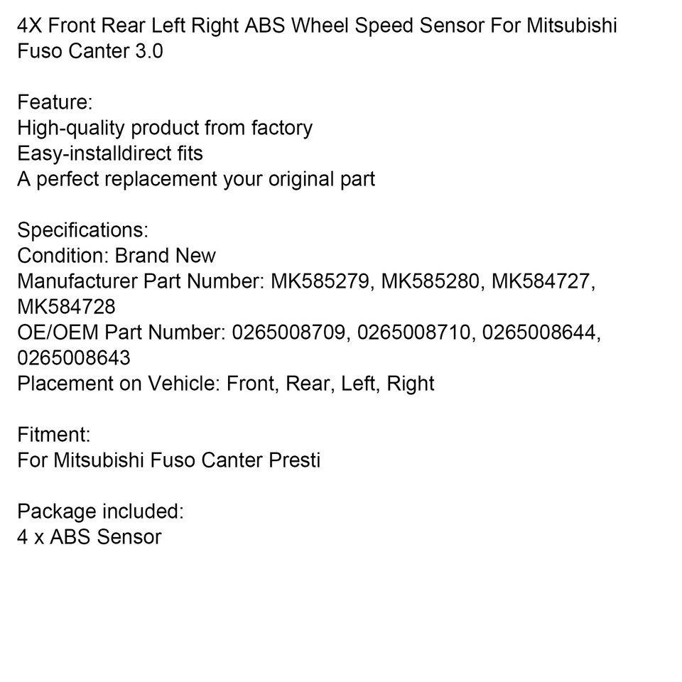 4X Front Rear Left Right ABS Wheel Speed Sensor For Mitsubishi Fuso ...