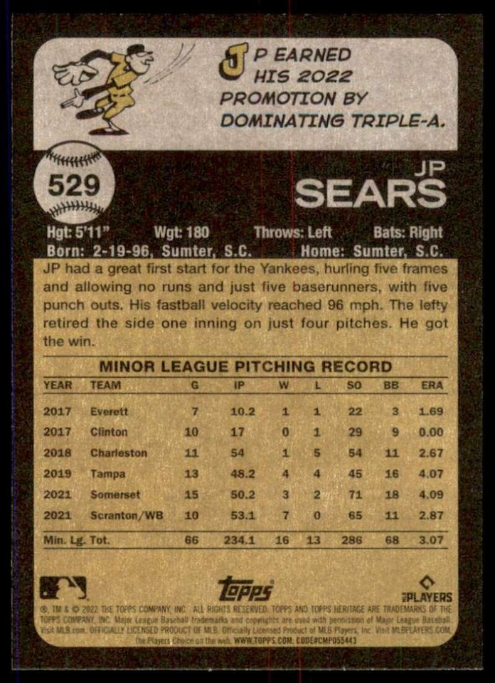 2022 Topps Heritage High Number #529 JP Sears RC Rookie New York ...