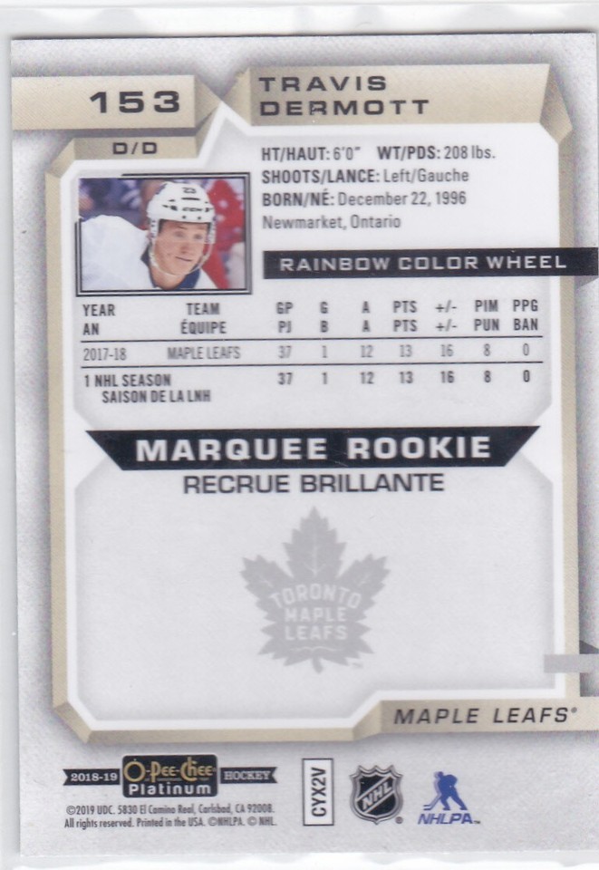 18/19 PLATINUM..TRAVIS DERMOTT..MARQUEE ROOKIE..COLOR WHEEL..# 153 ...