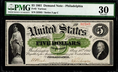 $5 1861 Demand Note Fr. 2 Philadelphia AMERICAS FIRST MONEY GREAT LOOK ...