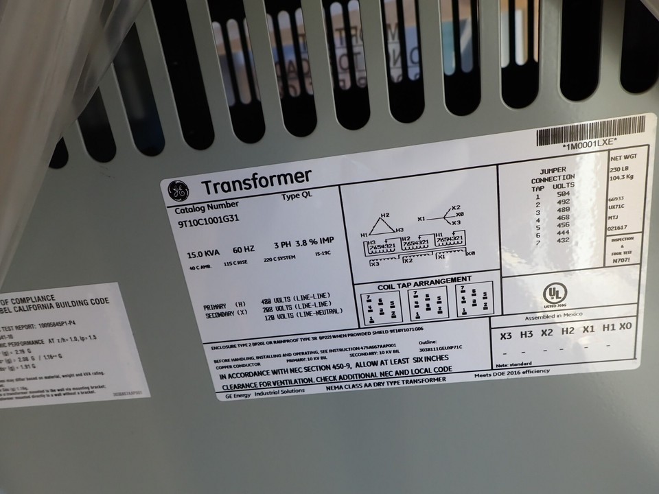 New GE 9T10C1001G31 15 KVA 3 Phase 480-208y/120v Transformer T927 | eBay