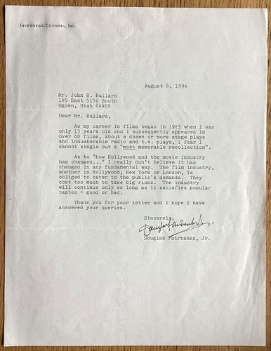 Douglas Fairbanks Jr. autographed typed letter 1996 nice content with ...