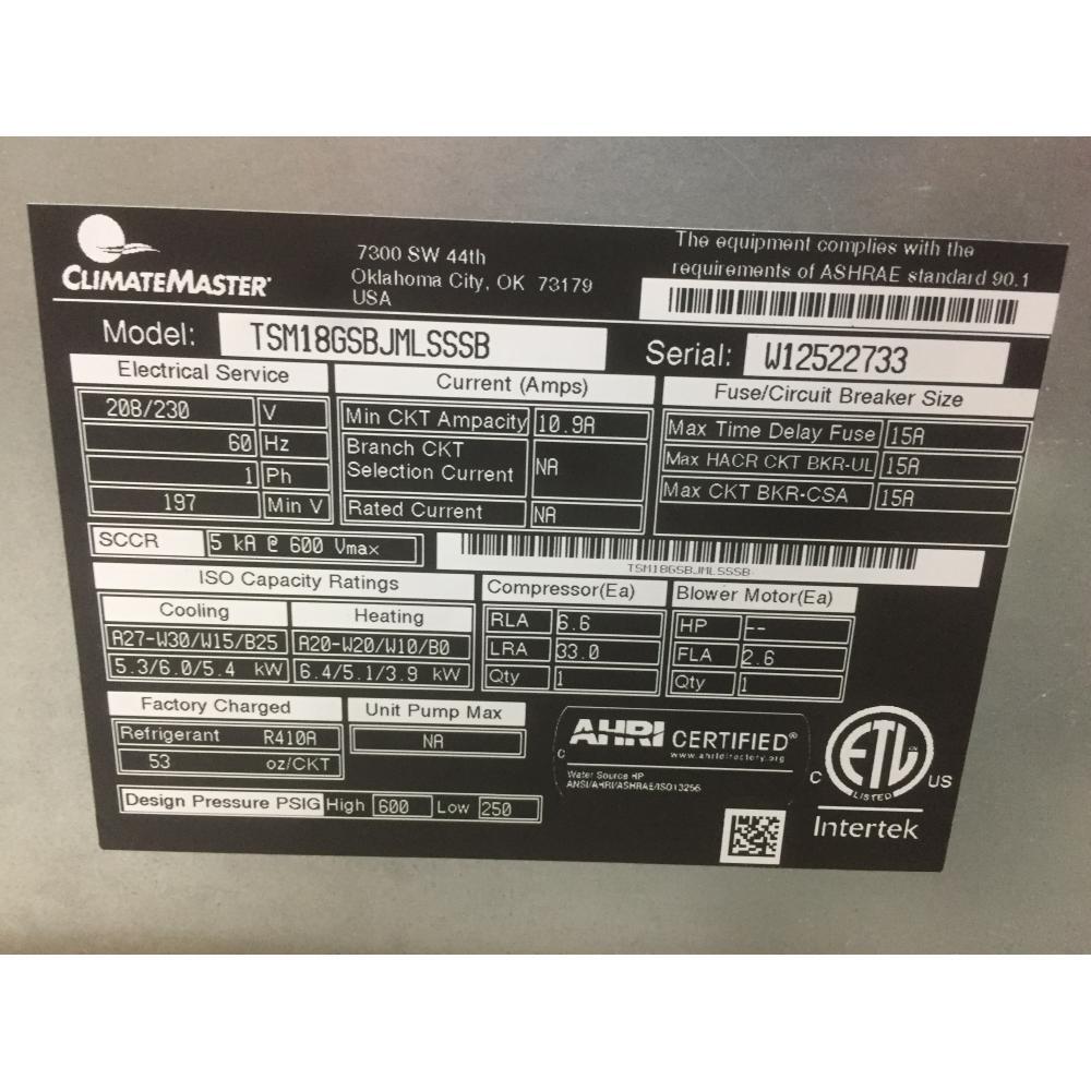 CLIMATEMASTER TSM18GSBJMLSSSB 1.5 TON "TSM" STACK GEOTHERMAL HEAT PUMP ...