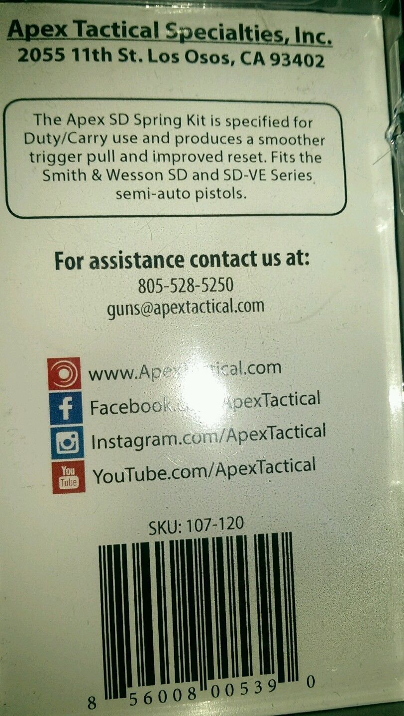 Apex Tactical S&W SD Spring Kit for Smith & Wesson SD9 SD40 SD9VE ...