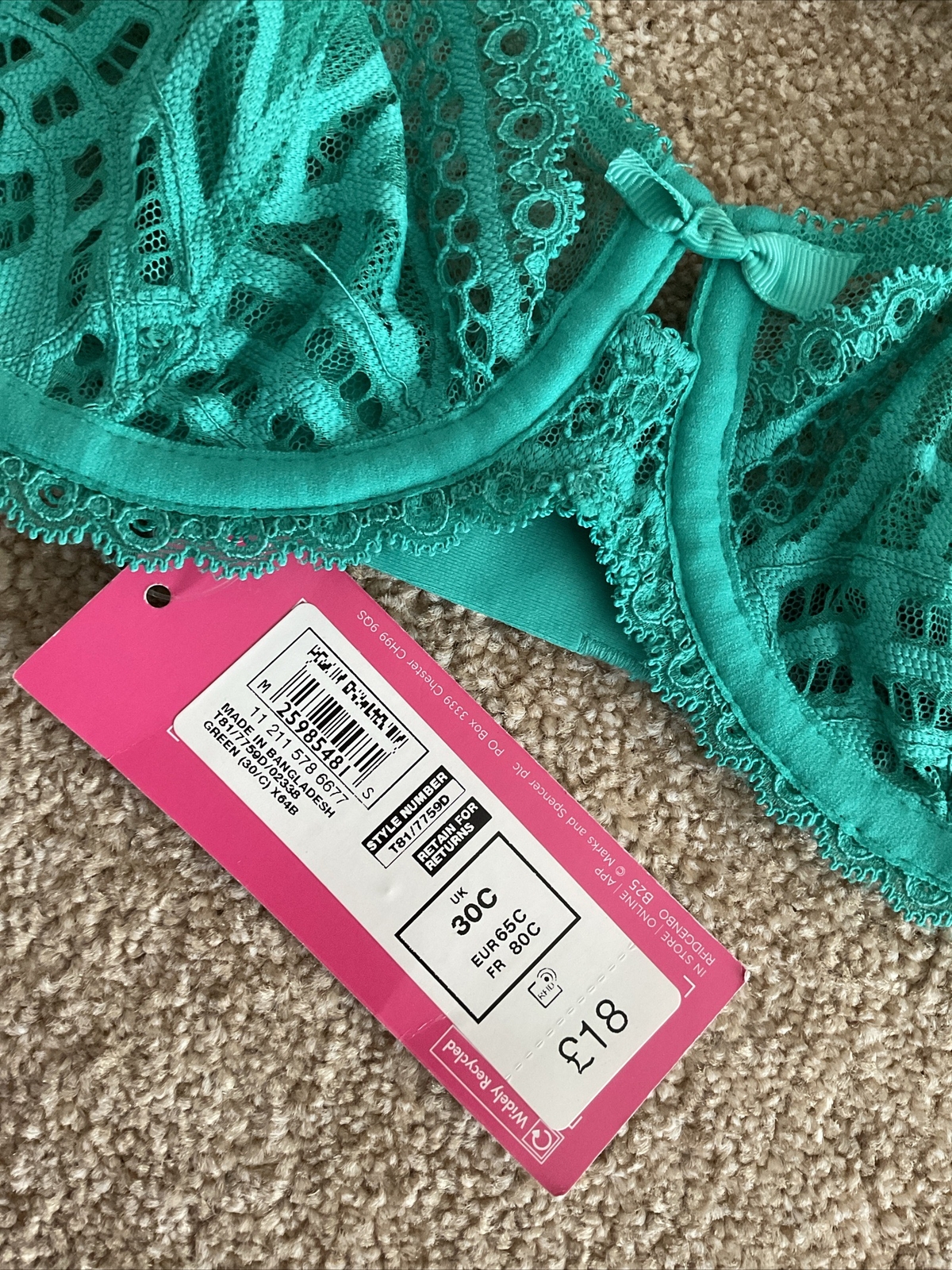 RRP £18 M&S Size 30C Pretty Boutique Joy Lace Full Cup Bra Green ...