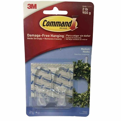 Command 3M Clear Hooks & Strips, Plastic, Medium, 2 Hooks & 4 Strips ...