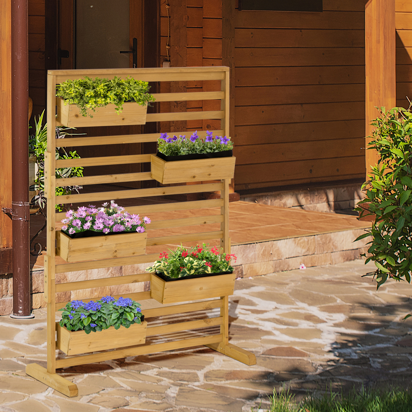 Outsunny Plant Stand with 5 Hanging Planter Boxes Slatted Trellis ...