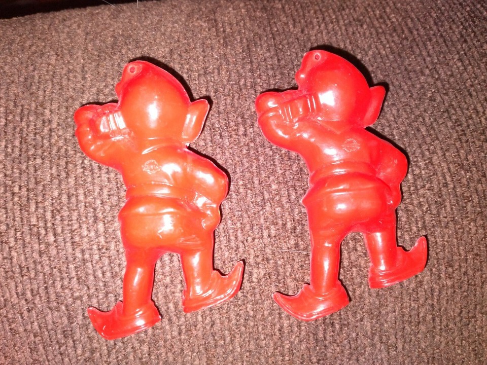 2 Vintage Irwin 3" Red Hard Plastic Elf Elves Christmas Ornaments ...