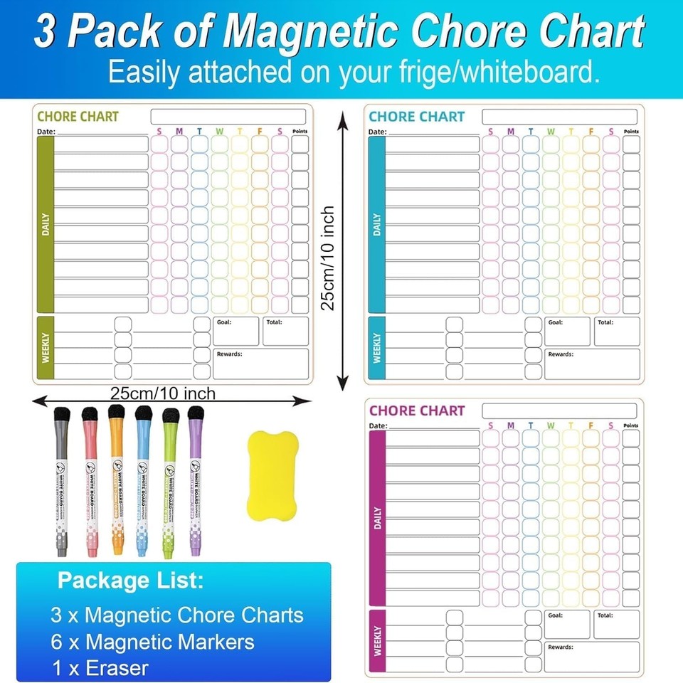 Chore Chart, 3 Pack Chores Chart for Multiple Kids,Dry Erase Behavior R ...