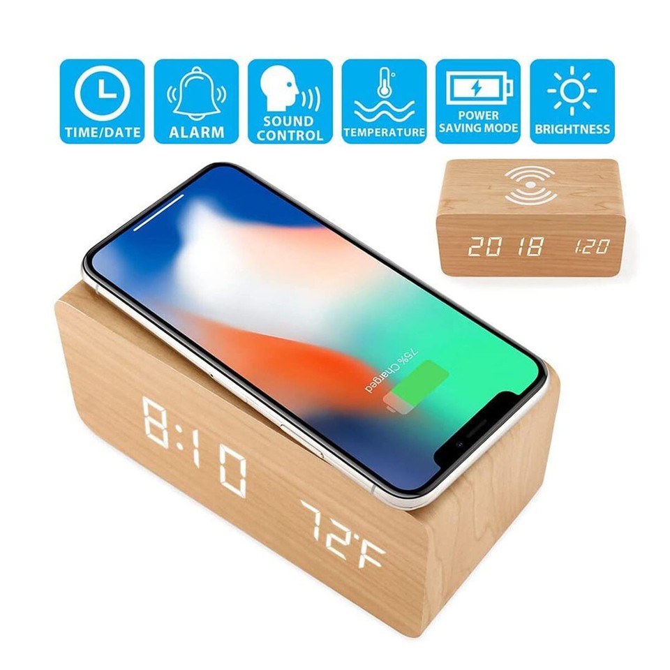 Modern Wooden Wood Digital LED Desk Alarm Clock Thermometer Qi Wireless ...