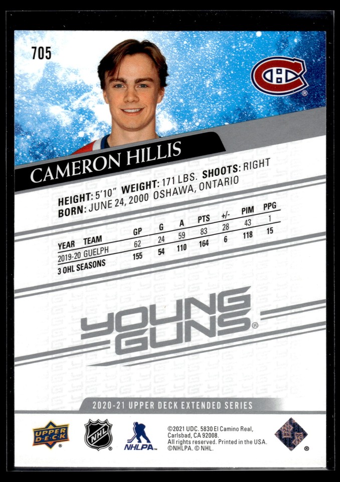 Cameron Hillis 2020 Upper Deck Young Guns Rookie Card #705 | eBay