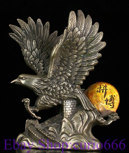 10" Old Chinese Silver Feng Shui Eagle Hawk Spread one's wings Luck ...
