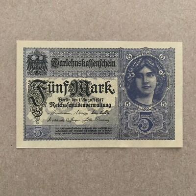 WW1 German 5 Mark Banknote Germany 1917 WWI Currency Berlin Paper Money ...