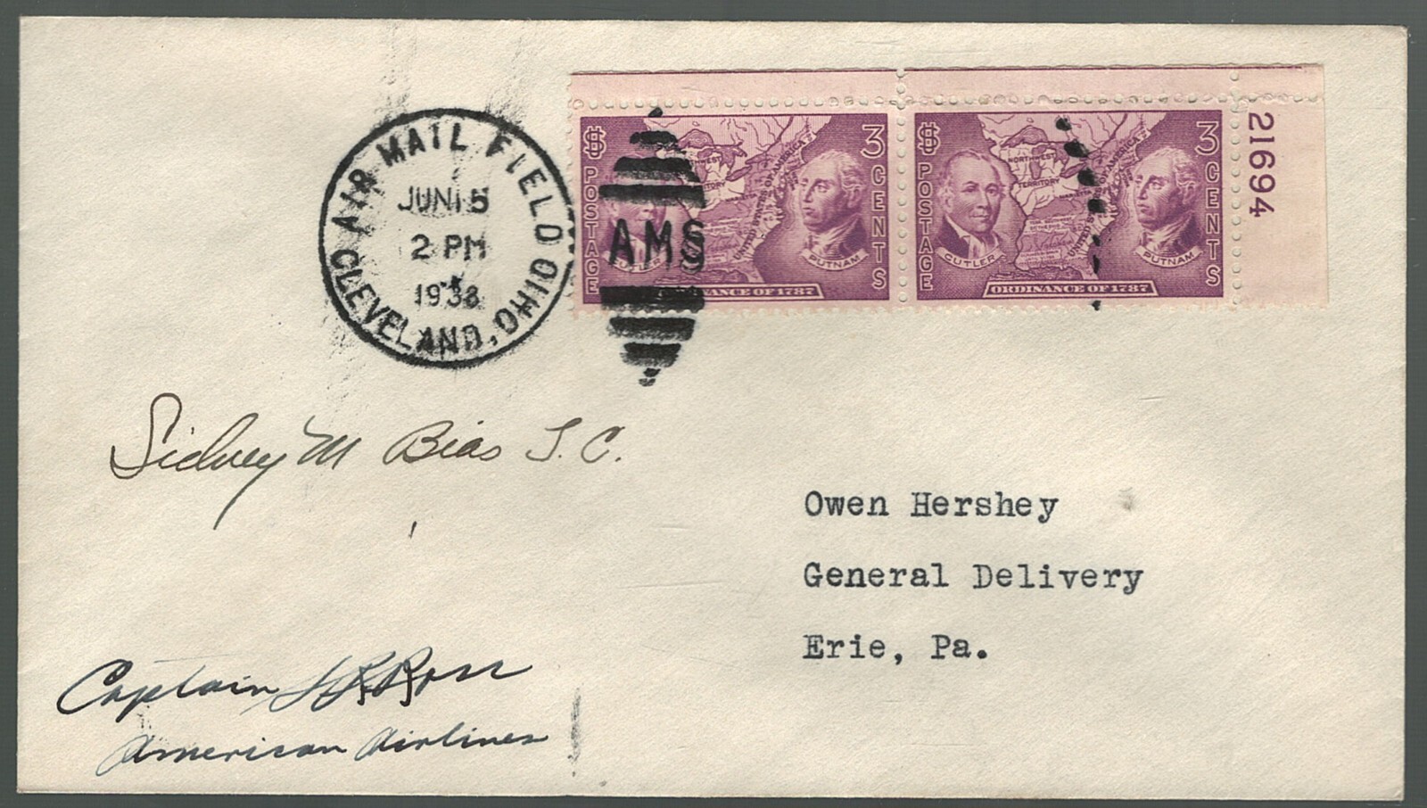 US First Flight Cover Cleveland Airmail Field 1938 Plate Pair Signed ...