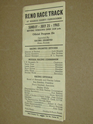 1965 Reno Race Track program Washoe County Fairgrounds Horse Race ...