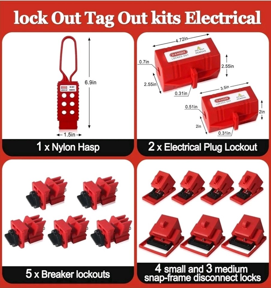 Electrical Lockout Tagout Kit Safety with 6 Padlocks Hasps Tags Ties ...