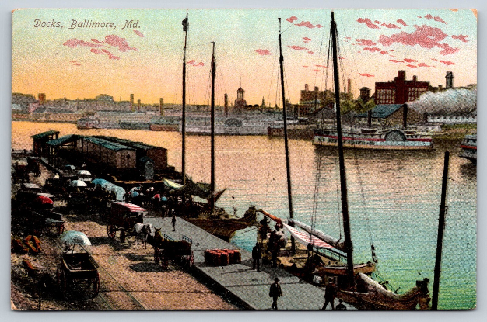 Docks Baltimore Maryland MD Postcard Horse Wagons Sailing Ships Paddle ...